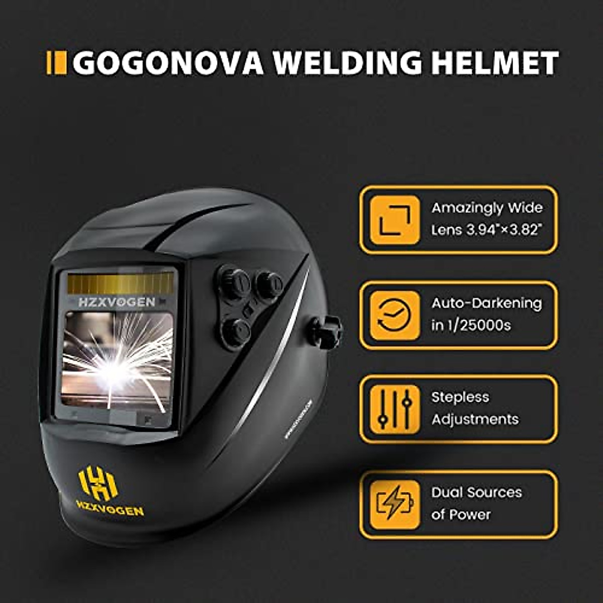 HZXVOGEN Auto Darkening Welding Helmet - 3.94”×3.82” Large Viewing Welding Hood True Color Solar/Battery Powered Welder Mask, 4 Arc Sensor Wide Adjustable Shade DIN 5-9/9-13 for SMAW, MIG, TIG, GTAW