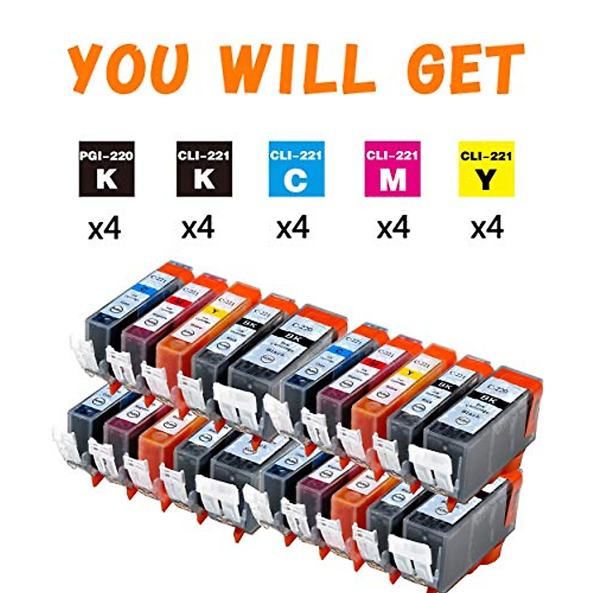 20-Pack Compatible PGI220 CLI221 Ink Cartridge PGI-220 CLI-221 Used for Canon PIXMA MX860 MX870 MP540 MP550 MP560 MP620 MP640 MP980 IP3600 IP4700 Printer (4XLBK/4BK/4C/4M/4Y), by EasyPrint