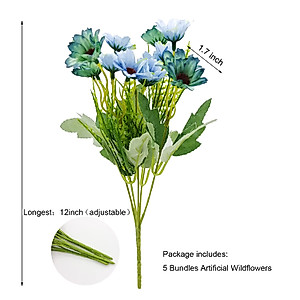 Carfoeny 5 Bundles Artificial Wildflowers Fake Daisy Silk Faux Flowers with Stems Arrangements for Home Outdoor Indoor Vase Kitchen Table Wedding Office Party Garden Decoration (Blue)