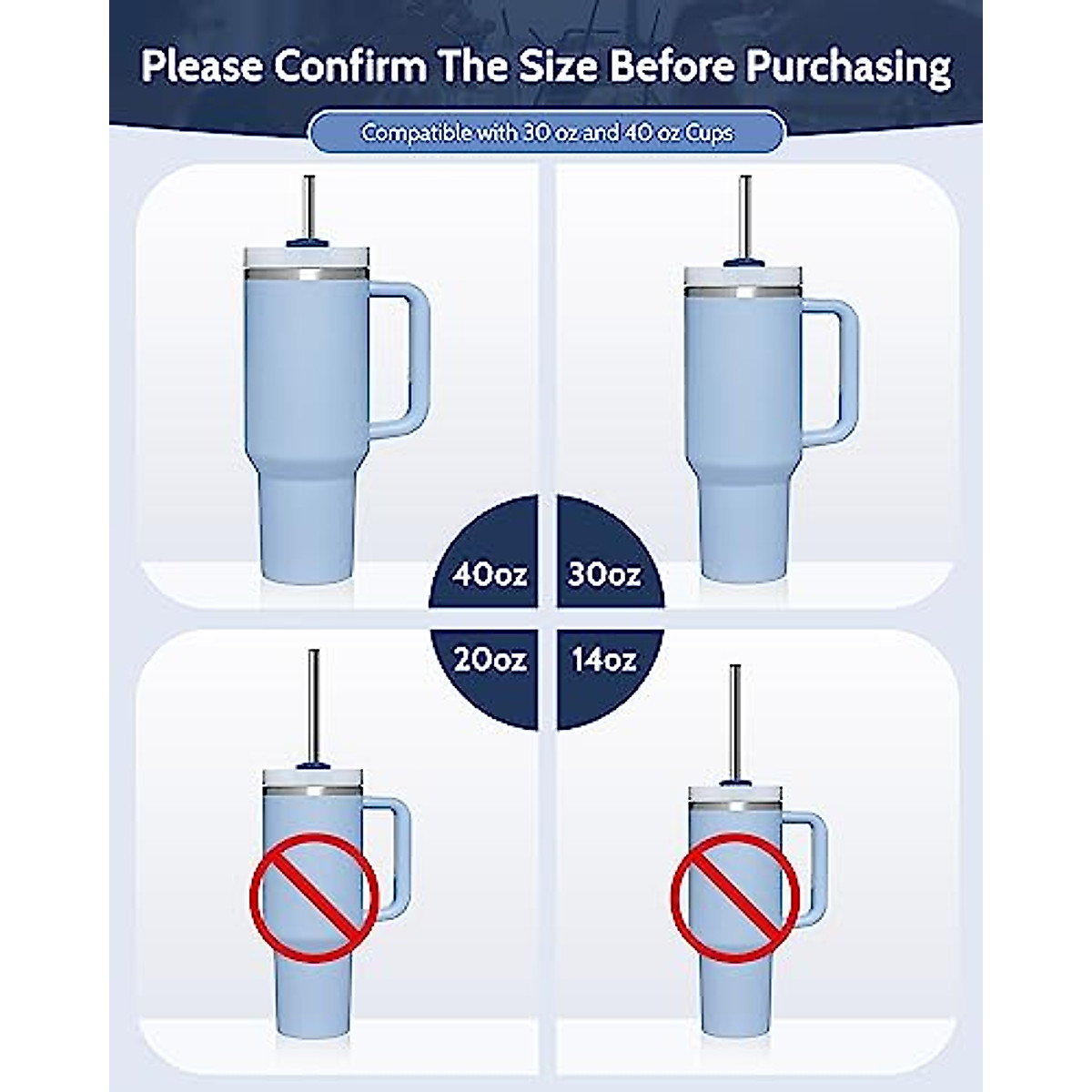 Stanley Straw Replacement 40 oz 30 oz, 6 Pcs Metal Straws Reusable, Reusable Straws Dishwasher Safe with Straw Cleaner(Silver 12 inches)