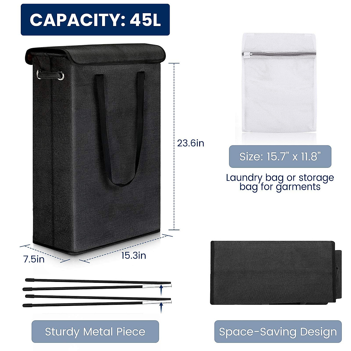 Slim Laundry Basket with Lid, Tall Thin Laundry Hamper with Handles, Waterproof Lining Narrow Dirty Clothes Hamper for Bathroom Bedroom Dorm Nursery Organization Storage (45L, Black)