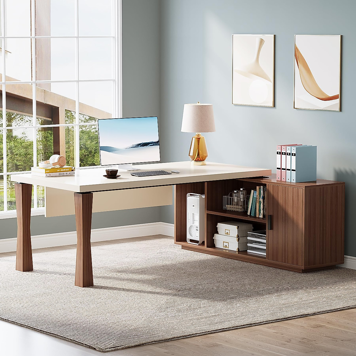 Tribesigns 71-Inch Executive Desk, L-Shaped Desk with Cabinet, Large Office Desk with Storage Shelves, Writing Table Desk Business Furniture Set for Home Office, Cream White