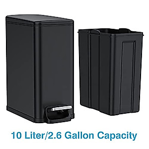 BETHEBEST 2.6 Gallon Small Trash Can with Removable Wastebasket,Step Trash Can with Soft Close Lid, Rectangular Trash Bin for Bathroom,Bedroom,Office (Black)