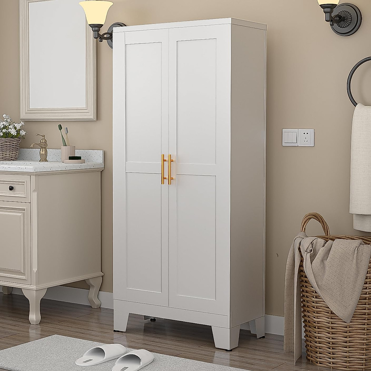 White Metal Pantry Cabinet with 2 Doors and Adjustable Shelves, 61" Kitchen Storage cabinets with Gold Handles, Versatile Storage for Laundry/Living/Dinning Room, Bathroom,Utility Room