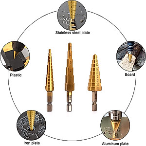 Sinoprotools Step Drill Bit & Automatic Center Punch,3pcs HSS Titanium Step Drill Bit Set, Quick Change 1/4" Shank Step Bit,Unibit Step Bits for Plastic, Wood, Sheet Metal Hole Drilling