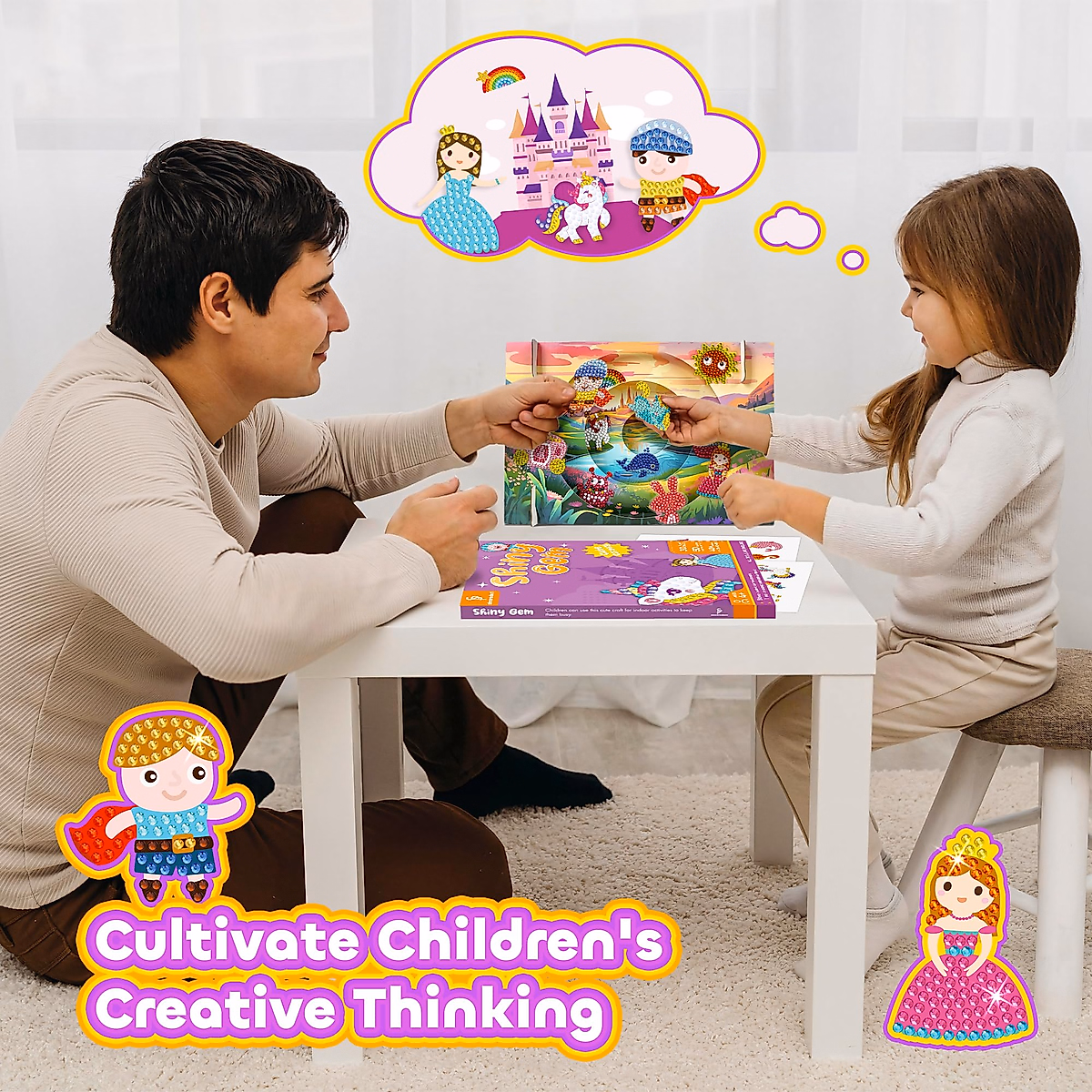 Diamond Art Painting Stickers Kits, 56 PCS 5D DIY Diamond Art Stickers for Beginners, Cute Animals, Princesses, Unicorns Gem Stickers Crafts for Kids, Gift for Girls (with 3D Background Display Card)