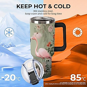 40 Oz Flamingo Insulated Stainless Steel Tumbler with Handle & Straw Lid, Reusable Travel Cupholder Friendly Mug for Coffee, Water, Tea
