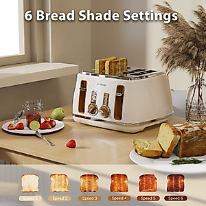 evoloop Toaster 4 Slice, Oversize Retro Stainless Steel Bread Toaster with Dual Independent Control Panels, 6 Browning Level, Bagel, Defrost & Cancel, -1.5" Extra Wide Slots, Removable Crumb Tray