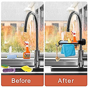 2 in 1 Faucet Sponge Holder,Kitchen Sink Detachable Hanging Organizer and Shower Organizer and Wall Mounted Soap Dish Holder for Kitchen Bathroom with Hook and Bar