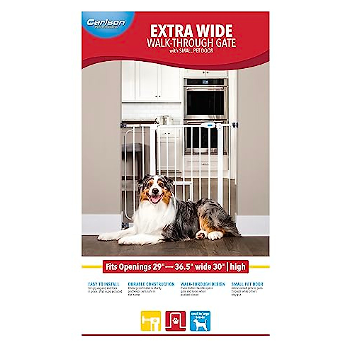 Carlson Extra Wide Walk Through Pet Gate with Small Pet Door, Includes 4-Inch Extension Kit, Pressure Mount Kit and Wall Mount Kit,White