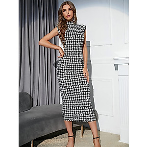 WDIRARA Women's Houndstooth Mock Neck Sleeveless Shoulder Pads Bodycon Dress Multicolored X-Large