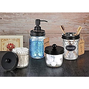 Amolliar 4pcs& 4pcs Black Mason Jar Bathroom Accessories Set -2 Lotion Soap Dispenser &2 Qtip Holder(Regular Mouth) &2 Cotton Swab Holder (Wide Mouth)&2 Toothbrush Holder-Rustic Farmhouse Decor