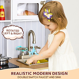 Clevich Play Kitchen, Wooden Kids Kitchen Playset, Pretend Chef Cooking Toy Set w/Realistic Lights & Sounds, Ice Maker, Telephone, Kitchen Accessories, Height Adjustable for Boys Girls Age 3+