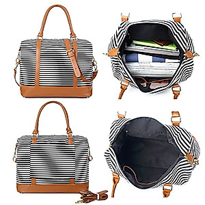 Bluboon Women Ladies Canvas Weekender Bag Overnight Carry-on Tote Duffel in Trolley Handle (BlackStripe)