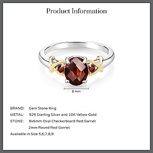 Gem Stone King 925 Silver and 10K Yellow Gold Oval Checkerboard Red Garnet Ring For Women (1.63 Cttw, Gemstone Birthstone, Available In Size 5, 6, 7, 8, 9)