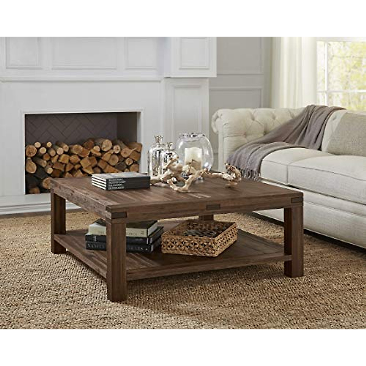 Benzara BM187681 Acacia Wood Coffee Table with Exposed Mortise and Tenon Corner Joints, Brown
