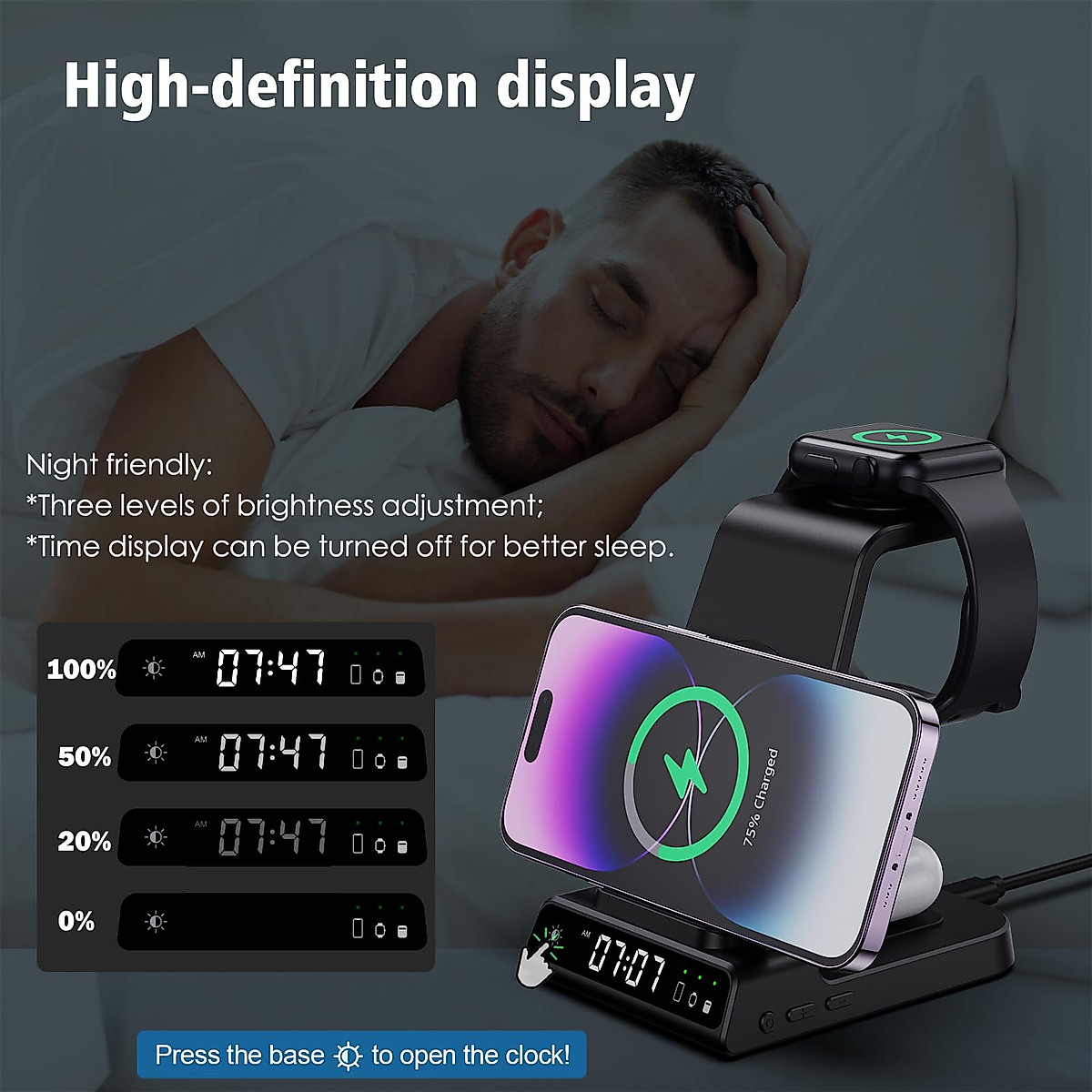 Wireless Charging Station, YiJYi 3 in 1 Watch Charger Stand with Digital Clock Suitable for iWatch SE/6/5/4/3/2/1,AirPods Pro, for iPhone 15/14/13/12/11 Pro Max/XS/XR/X/8/Samsung S23/S22/S21
