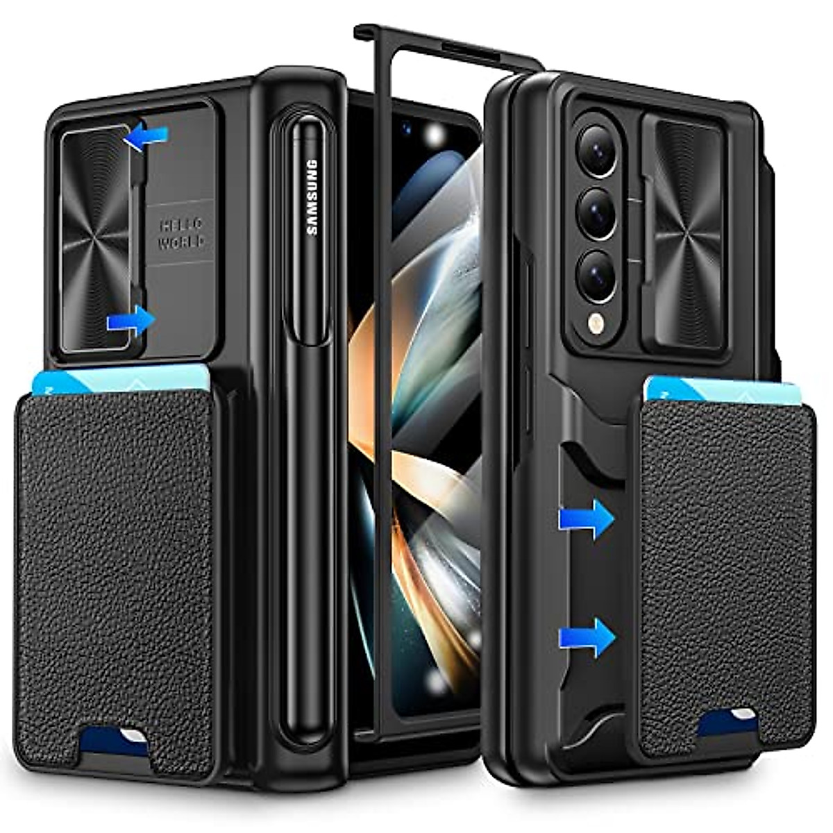 Caka for Z Fold 4 Case, Fold 4 Case with S Pen Holder & Screen Protector, Wallet Case with Card Holder Camera Cover & Hinge Protection Phone Case for Samsung Galaxy Z Fold 4 5G 2022-Black