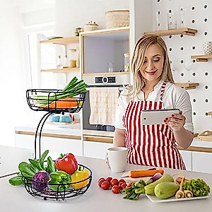 Sishynio 2-Tier Fruit Basket Bowl with 2 Banana Hangers for Kitchen Counter, Metal Wire Basket Vegetable Storage Countertop Fruits Stand Organizer, Detachable Fruit Holder for Bread, Snack, Veggies