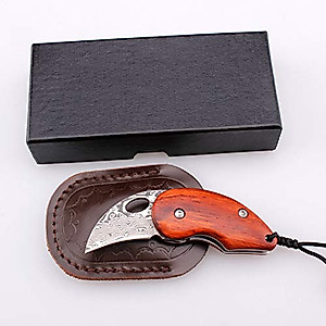 Samior Small Penguin Damascus Mini Karambit Folding Pocket Knife, 1.38" Claw VG10 Blade with Thumb Hole Open, Rosewood Handle with liner Lock and Lanyard Leather Sheath, 2.1oz