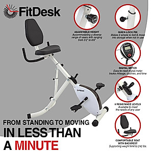 FitDesk Standing Desk Bike - Height Adjustable with 8 Level Resistance and Easy to Read Digital Performance Meter - Foldable - for Home and Office Use, White