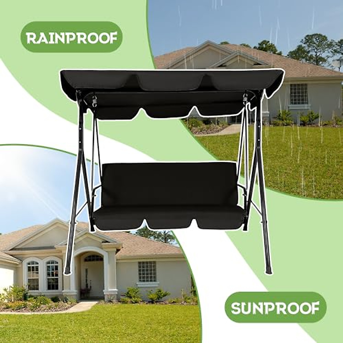 HECASA 3-Person Outdoor Swing Chair, Steel Porch Swing with Convertible Canopy & Removable Cushion for Patio, Garden, Poolside, Balcony and Backyard - Black