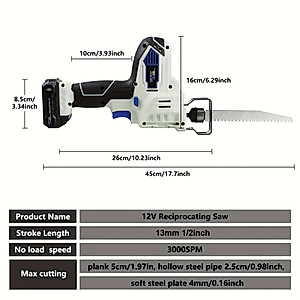 NEWONE 12V Reciprocating Saw,Cordless Reciprocating Saw with 1/2 inch stroke length,2A Battery & 2 Saw Blades,0-3000RPM for Wood, Metal, PVC Pipe Cutting,Smart Charger and USB Power Source