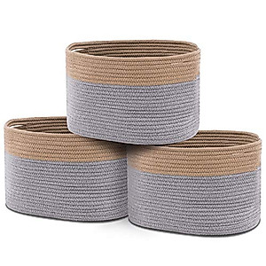 YOUDENOVA Rope Basket for Storage, Woven Storage Basket Bins, Set of 3, Nursery Basket for Toys, Throws, Makeups, Brown & Grey