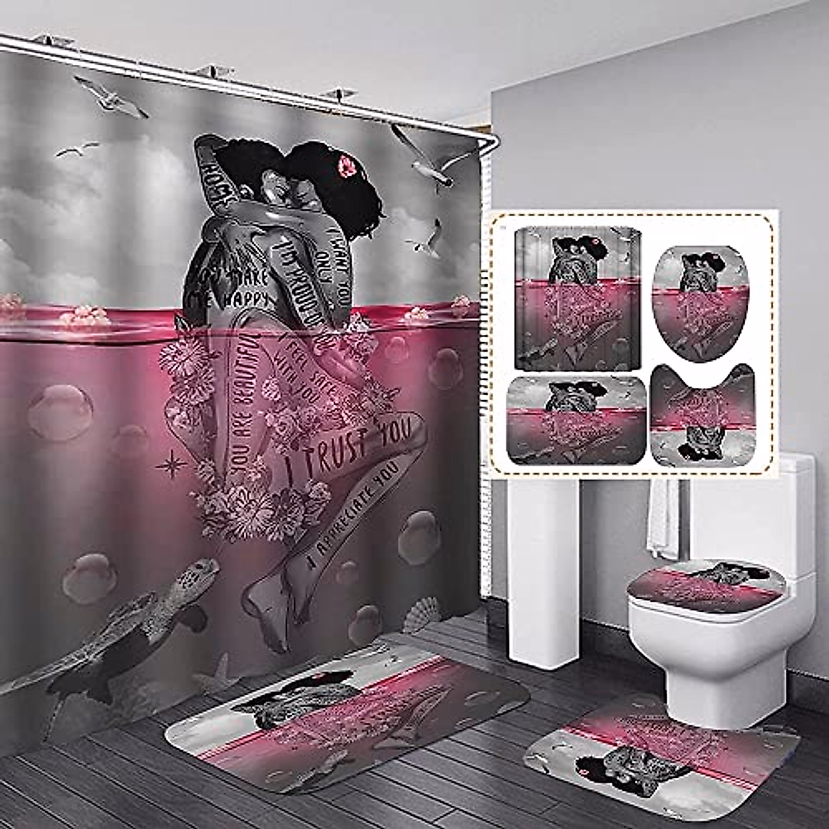 4PCS African American Shower Curtain with Non-Slip Rugs,Bath Mat and Toilet Lid Cover,Waterproof Polyester Fabric Black Shower Curtain Sets with 12 Hooks,Cool Typeface Pattern Bath Curtains for Man