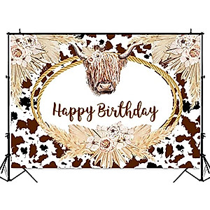 Mocsicka Highland Cow Birthday Backdrop Boho Highland Cow Happy Birthday Party Decorations Holy Cow Birthday Decorations Girl Cake Table Banner Birthday Party Supplies (7x5ft (82x60 inch))
