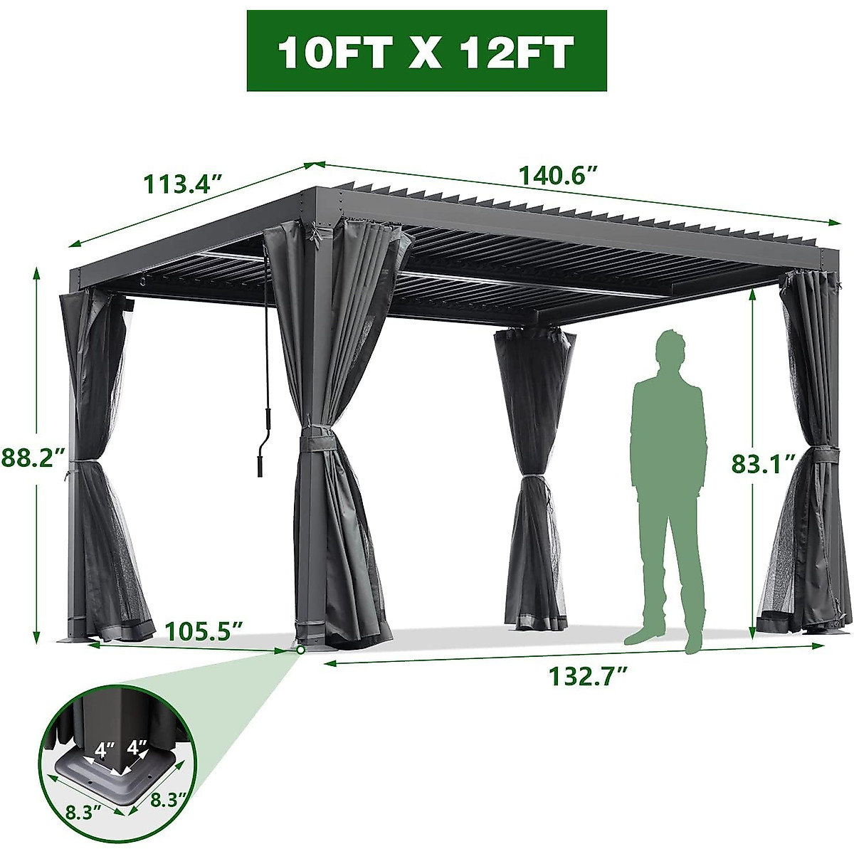 MELLCOM 10x12ft Louvered Pergola with Curtains and Nets, Aluminum Pergola with Adjustable Rainproof Roof, Outdoor Hardtop Pergola for Patio, Backyard, Deck, Dark Gray
