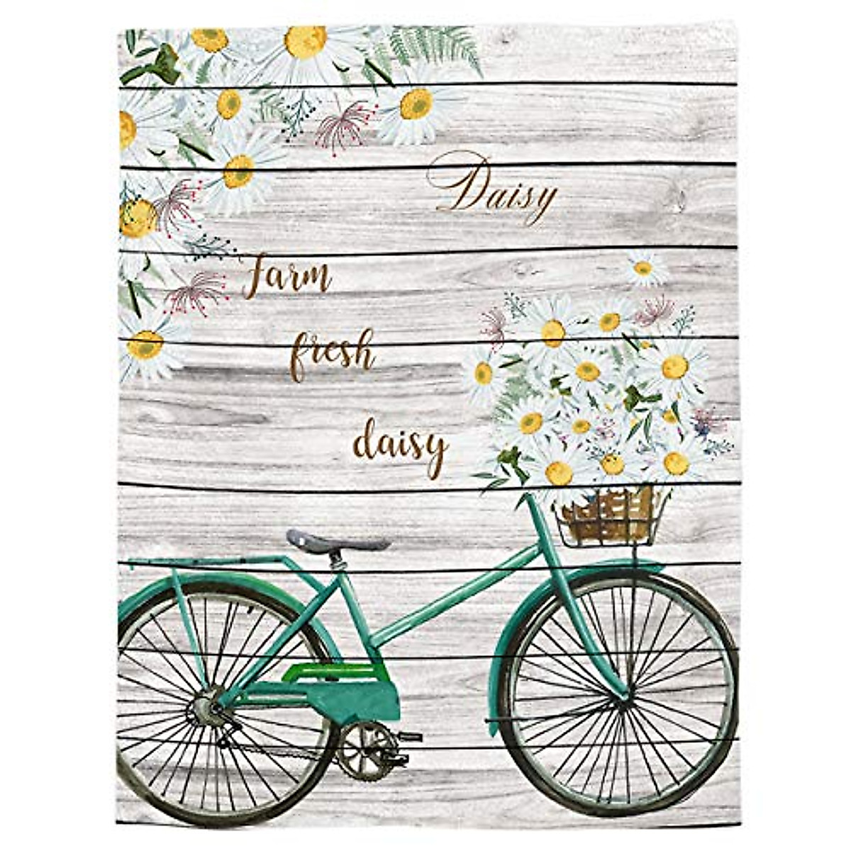 TocaHome Plush Fuzzy Fleece Lightweight Throw Blanket Green Bicycle with Farm Fresh Daisy on Wooden Super Soft Reversible Microfiber Flannel Blankets for Couch, Bed, Sofa (39"x49")
