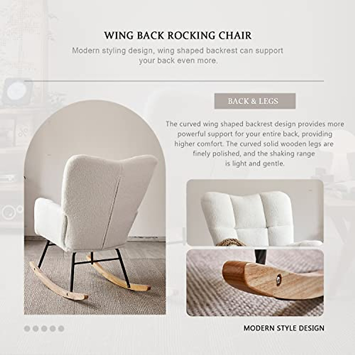 Ljirnt Nursery Rocking Chair, Teddy Fabric Upholstered Glider Rocker with High Backrest, Modern Rocking Accent Chairs Comfy Side Chair for Nursery, Bedroom, Living Room (Ivory)