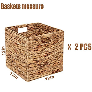 Wicker Storage Basket Water Hyacinth Woven Basket Wicker Storage Cubes,Foldable Baskets for Shelves,Handwoven Laundry Totes for Bedroom,12x12x12inch,Set of 2
