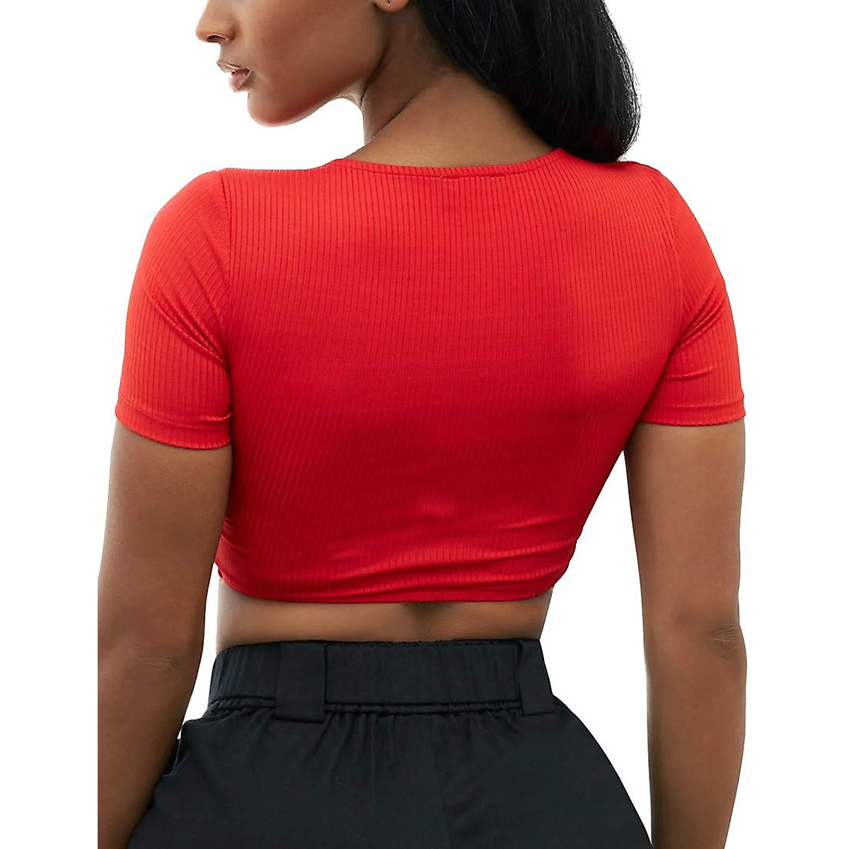 Mizoci Women's Sexy Knot Front Crop Top Deep V Neck Short Sleeve Basic Casual T Shirt,Medium,Red