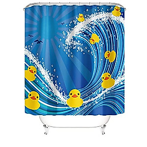 Posienr 4 Piece Cartoon Yellow Duck Shower Curtain Set, Blue Ocean Waves Bathroom Set Includes Non-Slip Carpet, Toilet Seat and U-Pad, Waterproof Shower Curtain with 12 Hooks for Bathroom Decor