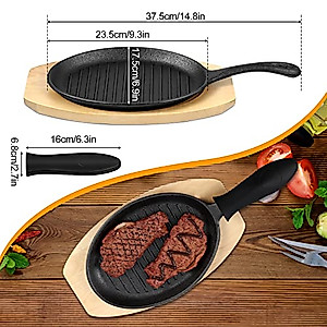 Tanlade 3 Sets Cast Iron Skillets Pre Seasoned Fajita Pan Heavy Duty Construction Sizzling Plates with Wooden Base and Silicone Handle Mitt, Black