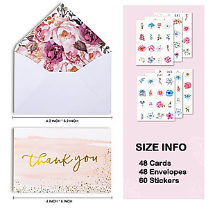 Thank You Cards-48 Bulk Blank Gold Foil&Watercolor Bulk Box Set with Elegant Floral Envelopes &Stickers for Wedding, Baby Shower, Bridal Shower, Business, Anniversary, Funeral -4" x 6"