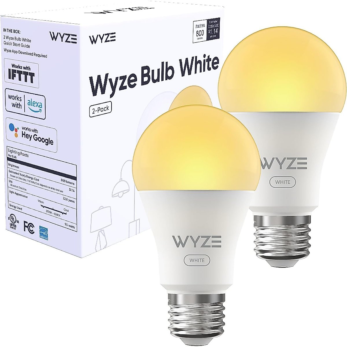Wyze Lifestyle Bulb White, 800LM Tunable-White Wi-Fi Smart Light Bulb, Work with Alexa and Google Assistant, 2.4GHz, No Hub Required, A19 Dimmable, 2700K - 6500K, 90+CRI, Timer & Group, 2-Pack