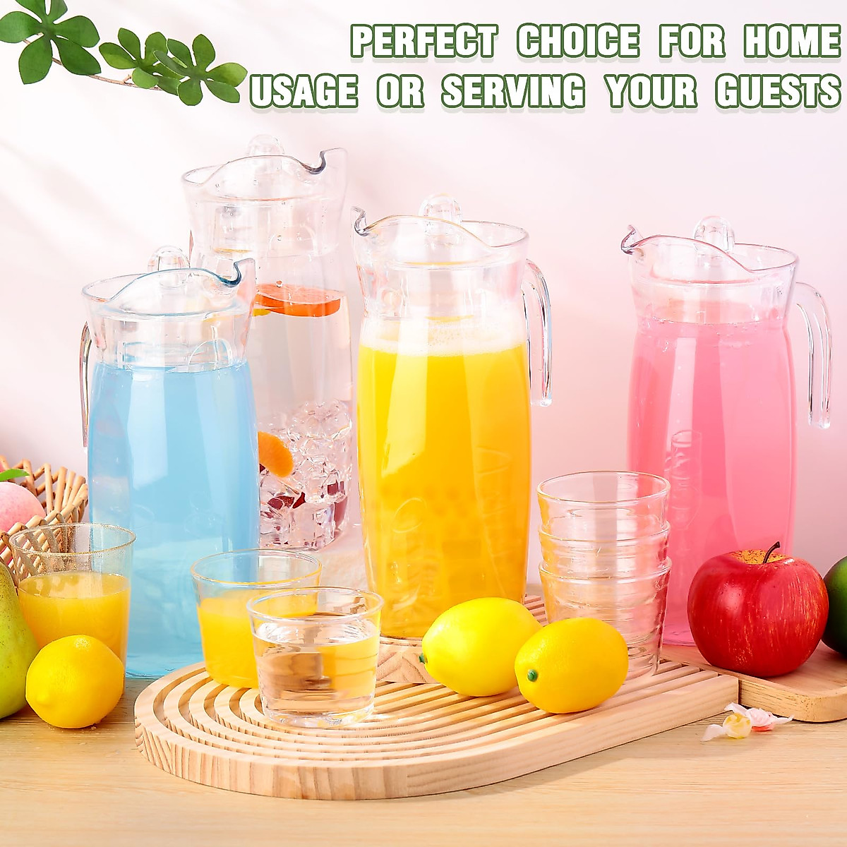 Didaey 4 Pack Acrylic Water Pitcher with Lid and Spout Handle Clear Plastic Pitcher Heat Resistant Plastic Carafe Unbreakable Beverage Container Fridge Jug for Juice Iced Tea Sangria Lemonade (44 oz)