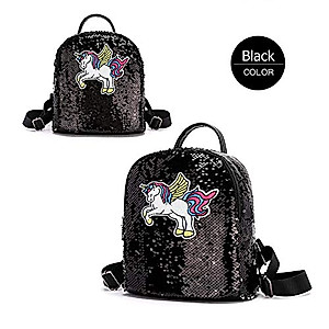 sikiwind Glitter Sequins Backpack Girls Cartoon Travel Colorful Shoulder Bag (Black)