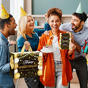 Happy Work Anniversary Gift Bag with Tissue Paper and Card Large Black Gold Happy Workiversary Wrapping Gift Bag for Employee Men Women Office Coworker Appreciation Party Thank You Wrap Bags Supplies