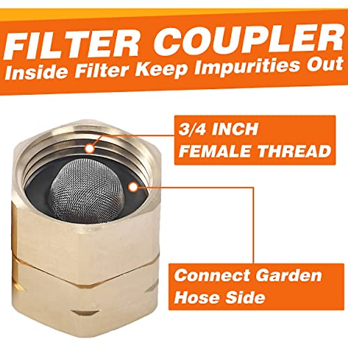 JOEJET Female to Female Hose Adapter with Swivel-3/4 Inch Brass Garden Hose Adapter for Pressure Washer to Garden Hose-2 Pack Garden Hose Fittings-with 4 Extra Washers and 1 Filter