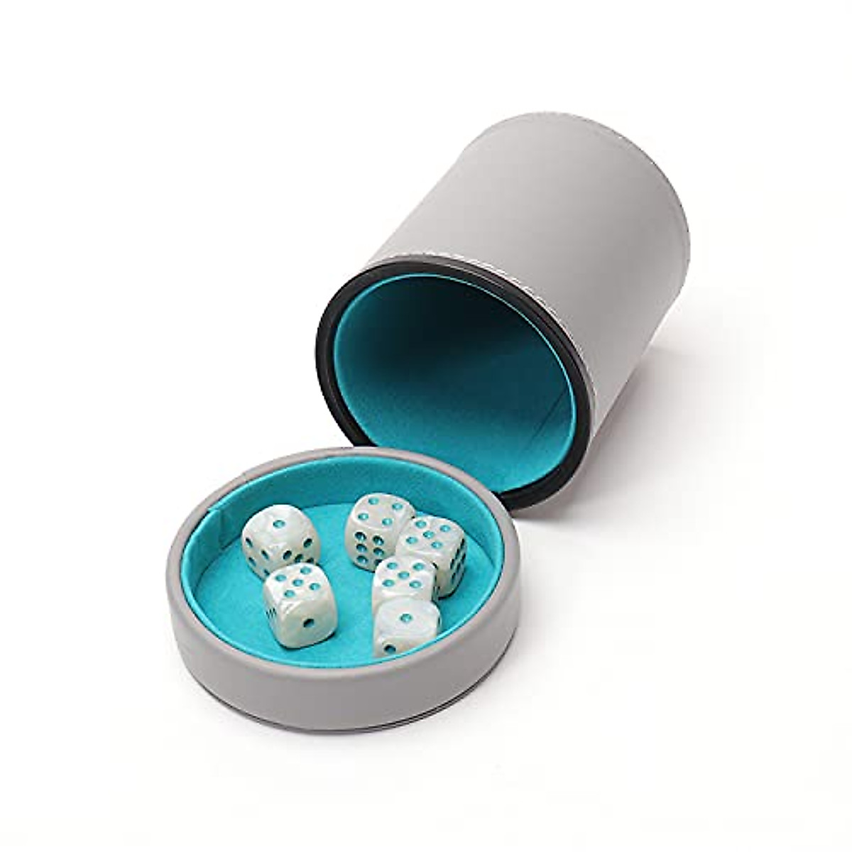 Luck Lab Grey Leather Dice Cup with Lid Including 6 Matching Pearl Dice - Teal Velvet Interior for Quiet Shaking - Use for Liars Dice Farkle Yahtzee Board Games, Grey