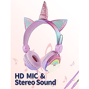 Soosooly Unicorns Headphones for Kids/Teens, Unicorns Gifts for Girls,3.5mm On-Ear Wired Headset with Nylon Cable for Travel/School/iPad/Smartphones/PC/Kindle/Tablet/Laptop - Pink& Purple