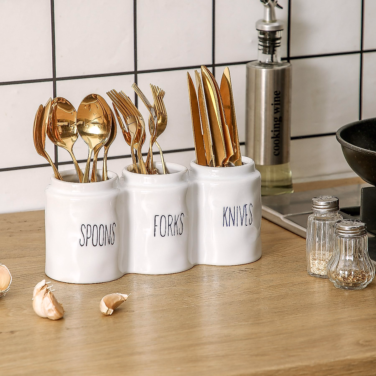 Howise Silverware Holder, Ceramic Spoon and Fork Holder, Silverware Holder for Countertop, Utensil Holder Cutlery Organizer for Knife