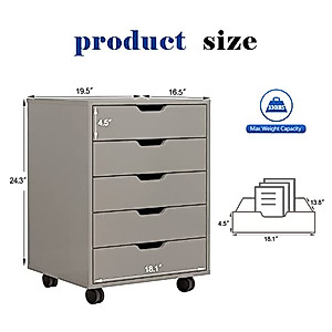 SANYOAC 5 Drawer Chest, Mobile File Cabinet with Wheels, Wood Storage Cabinets, Home Office Storage Cabinet, Mobile Lateral Printer Stand with Removable Wheels(Beige Grey)