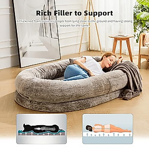 Human Size Dog Bed - 71''x47''x12.5'', Washable Faux Fur, Orthopedic, Plump Pillow, Blanket, Brown