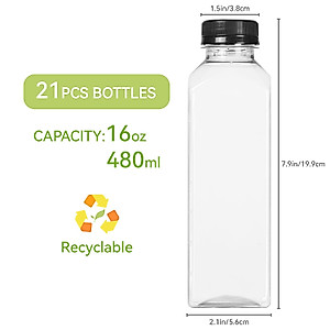 Party Club of America 21pcs 16oz Square Empty Reusable Juice Bottles With Caps,Label, Funnel, And Brush Drink Containers For Juicing Milkshake And Other Beverages