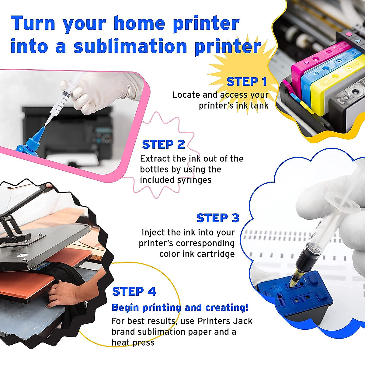 Printers Jack 400ML Sublimation Ink for Epson C88 C88+ WF7720 ET2720 ET4760 ET2760 ET2750 WF7820 Inkjet Printers Heat Press Transfer on Mugs, Plates, Polyester Shirts, Phone Cases etc
